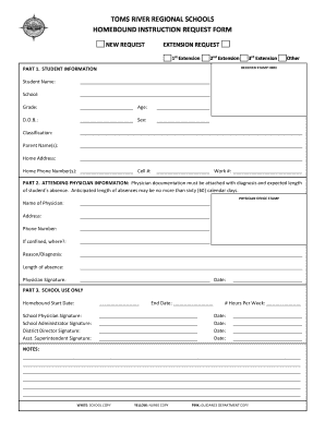 Fillable Online TOMS RIVER REGIONAL SCHOOLS HOMEBOUND INSTRUCTION ...