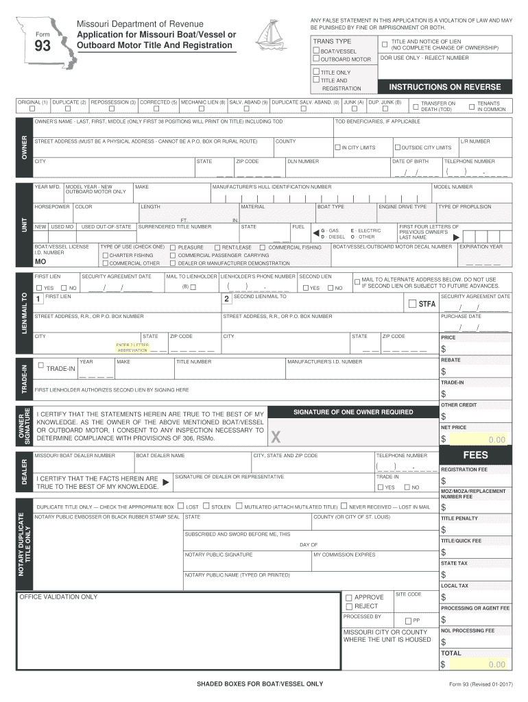 Fillable Online dor mo Form 93 - Application for Missouri Boat/Vessel ...