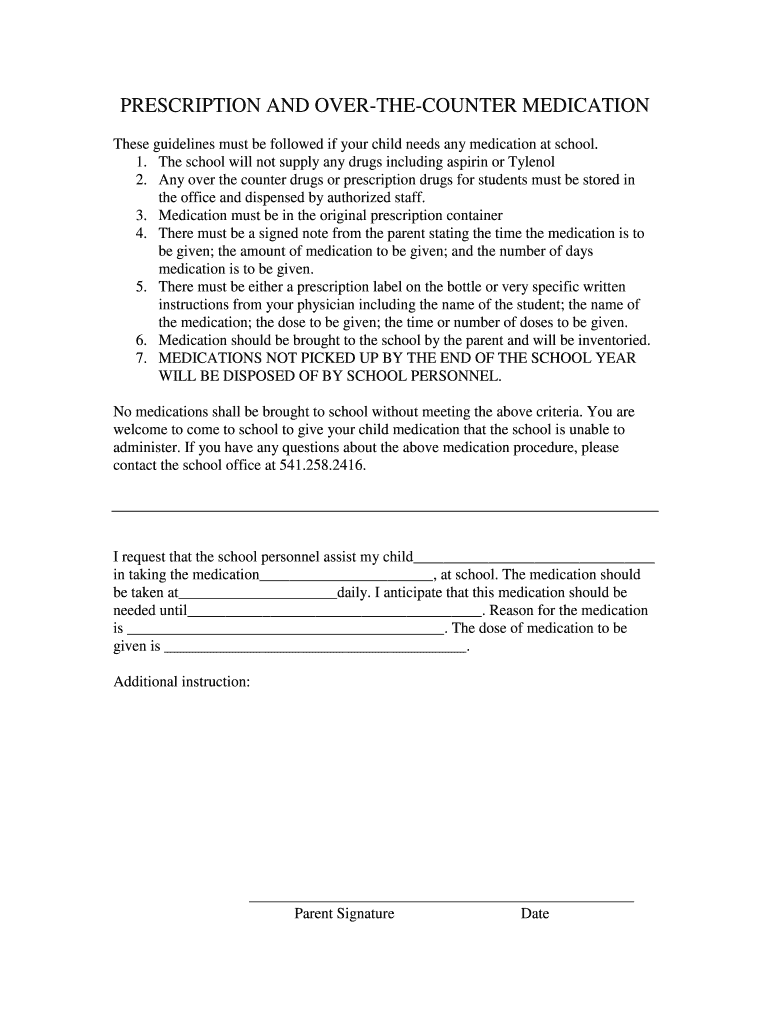 Fillable Online pieschools PRESCRIPTION AND OVER-THE-COUNTER MEDICATION ...