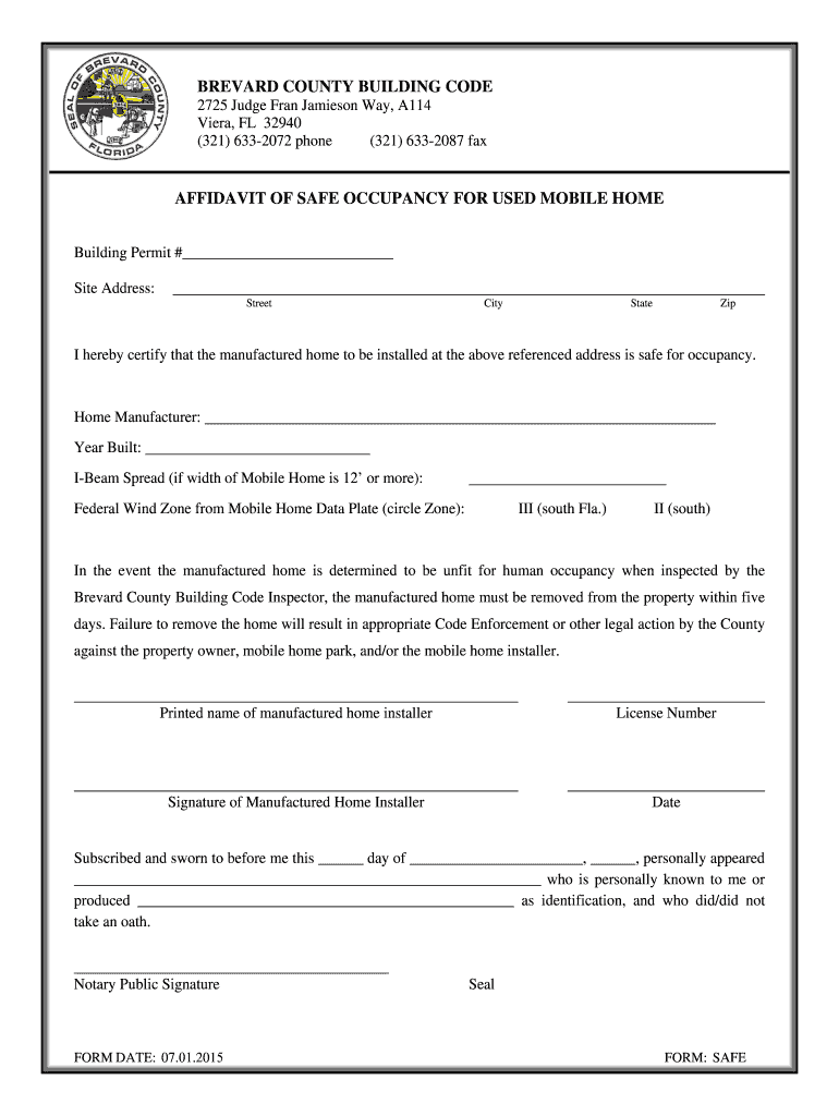 Affidavit of Safe Occupancy for Used Mobile Home - Blank Fillable ...