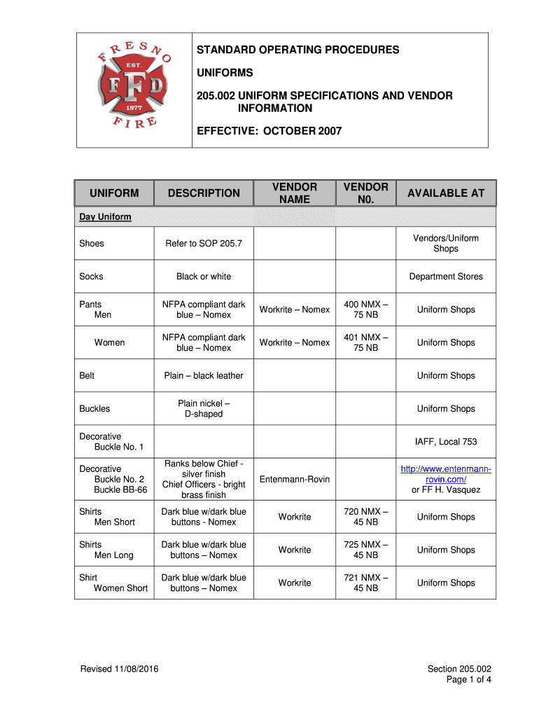 Fillable Online STANDARD OPERATING PROCEDURES UNIFORMS 205.002 UNIFORM ...