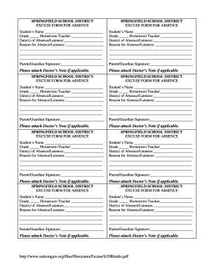 Fillable Online SPRINGFIELD SCHOOL DISTRICT EXCUSE FORM FOR ABSENCE Fax ...