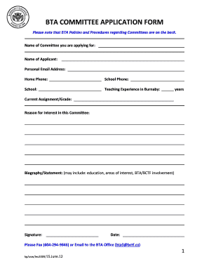 Fillable Online BTA COMMITTEE APPLICATION FORM - burnabyteachers.com ...
