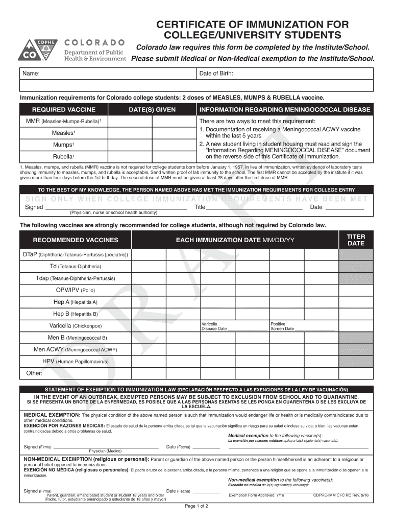 Fillable Online unco certificate of immunization for college/university ...
