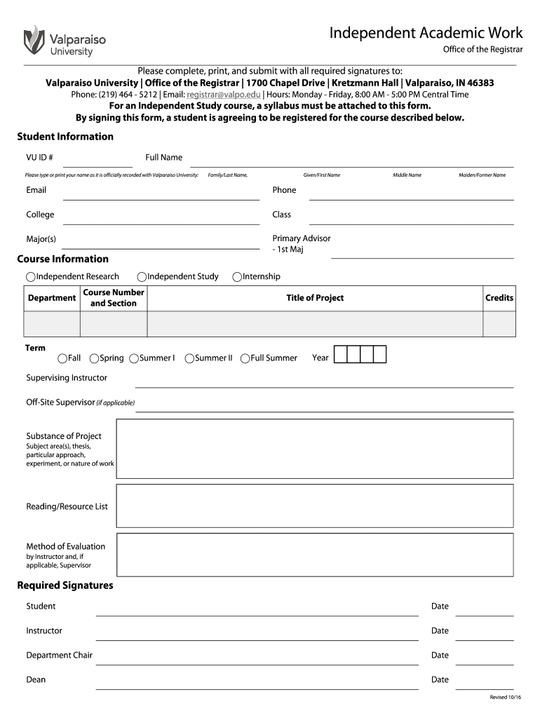 Fillable Online valpo Independent Academic Work Fax Email Print - pdfFiller