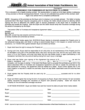 Fillable Online marep AGREEMENT FOR POSSESSION BY BY BUYER PRIOR TO ...