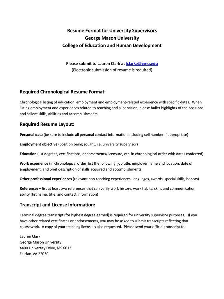 Fillable Online Resume Format for University Supervisors Fax Email Print - pdfFiller