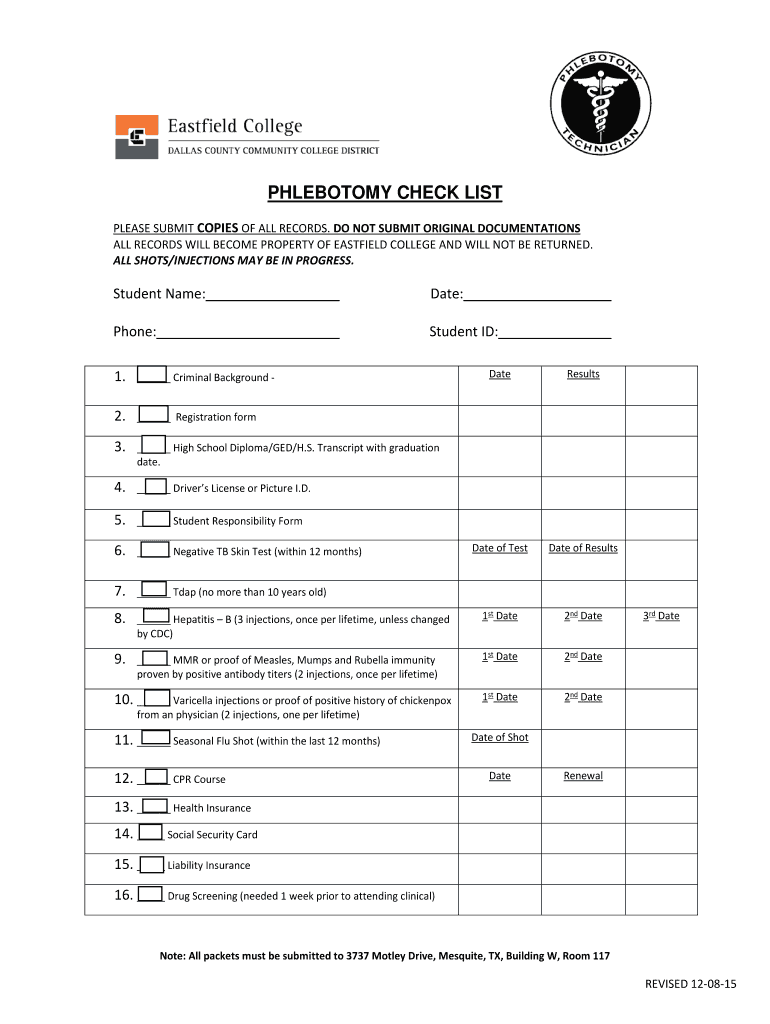 Fillable Online eastfieldcollege PHLEBOTOMY CHECK LIST Fax Email Print ...