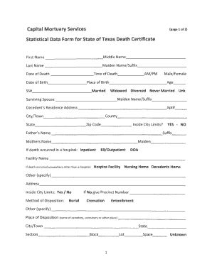 Fillable Online Capital Mortuary Services Statistical Data Form for ...
