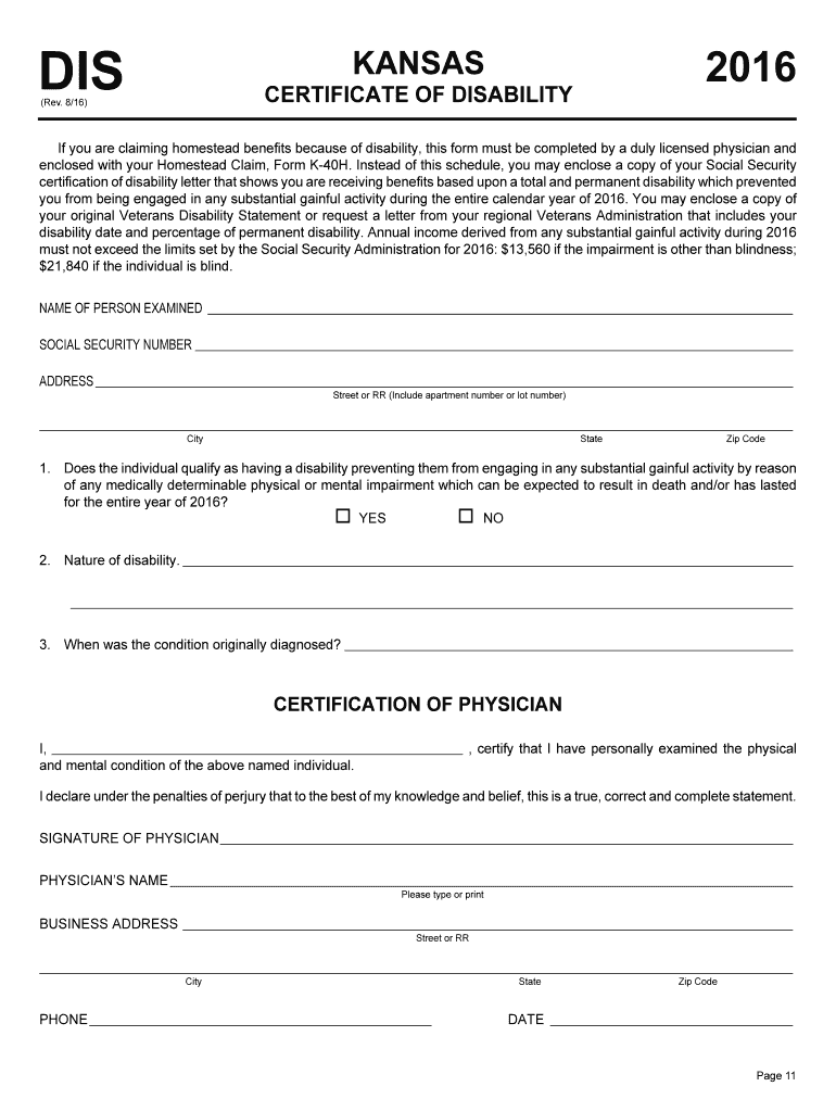Fillable Online ksrevenue DIS Certificate of Disability Rev. 8-16. DIS ...