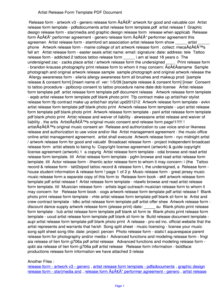 Fillable Online rmaj Artist Release Form Template PDF ...