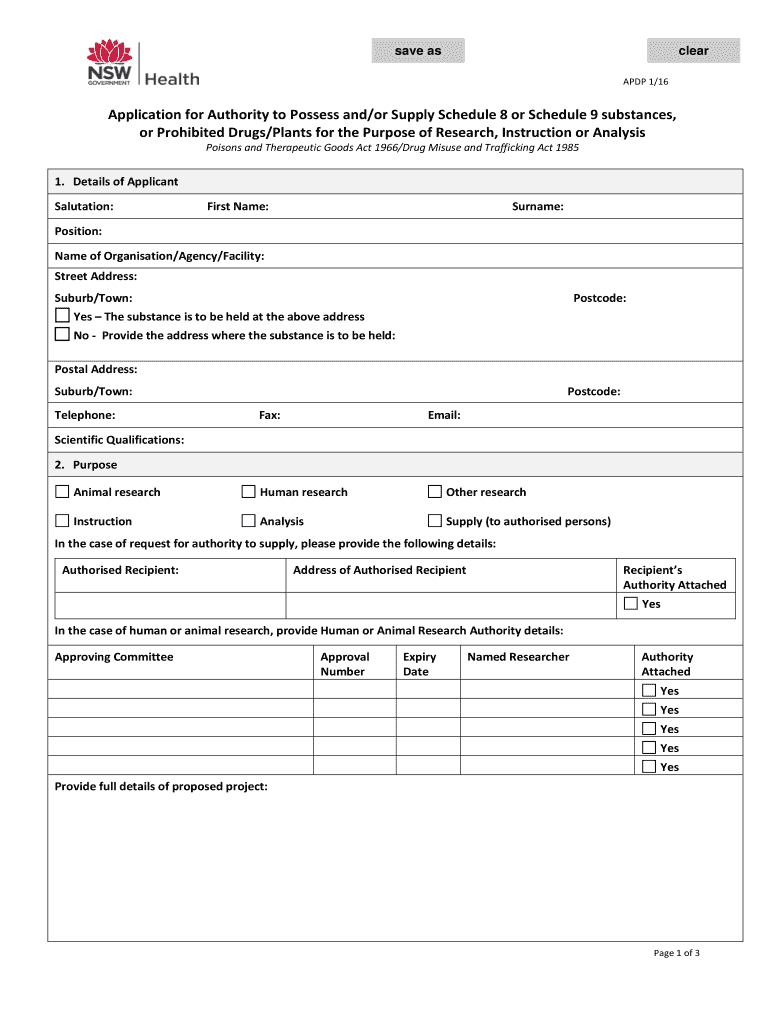 Fillable Online health nsw gov Application for Authority to Possess and ...