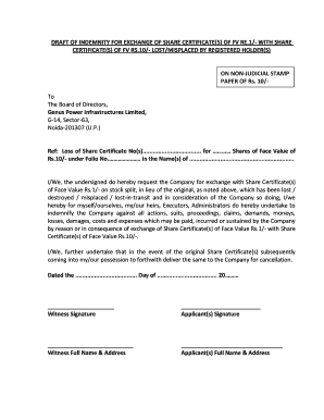 Fillable Online DRAFT FORM OF INDEMNITY FOR LOSS OF SHARE CERTIFICATE/S ...