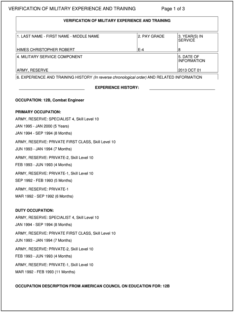Fillable Online VERIFICATION OF MILITARY EXPERIENCE AND TRAINING Fax ...