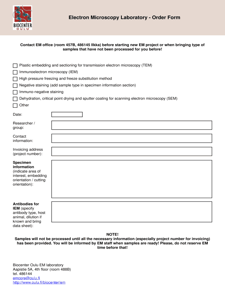 Fillable Online Electron Microscopy Laboratory - Order Form Fax Email ...