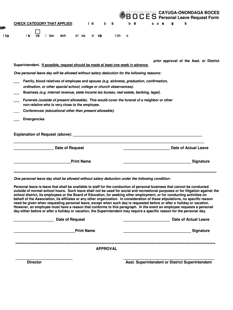 Fillable Online cayboces CAYUGA-ONONDAGA BOCES Personal Leave Request ...