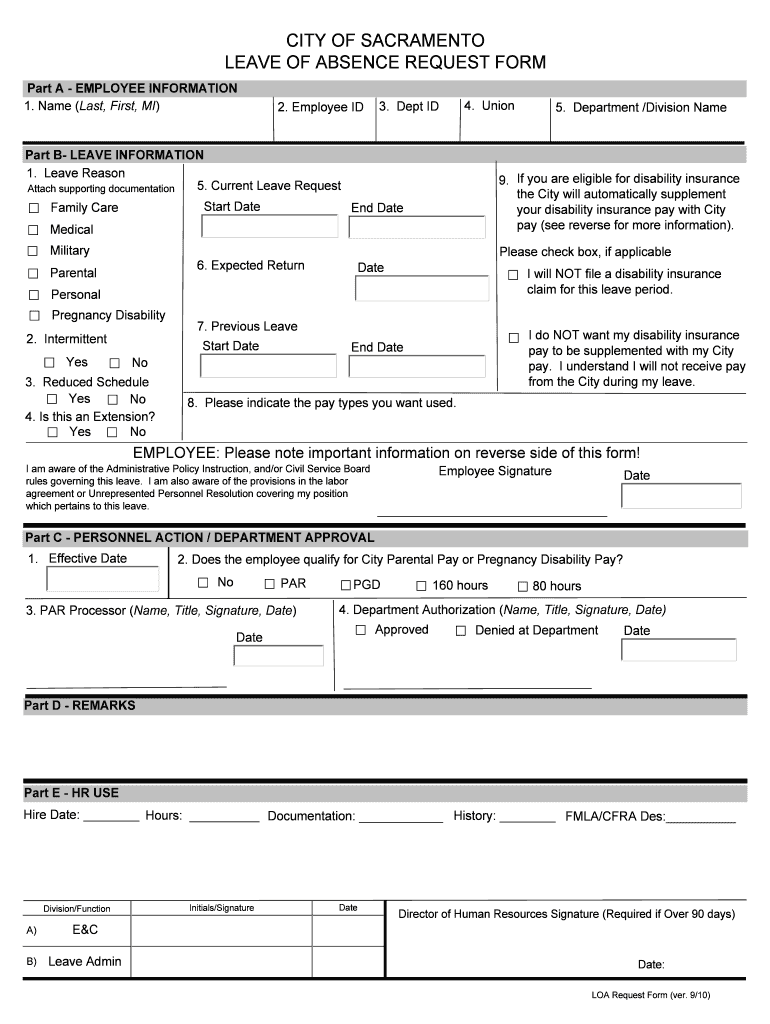 Fillable Online cityofsacramento CITY OF SACRAMENTO LEAVE OF ABSENCE ...