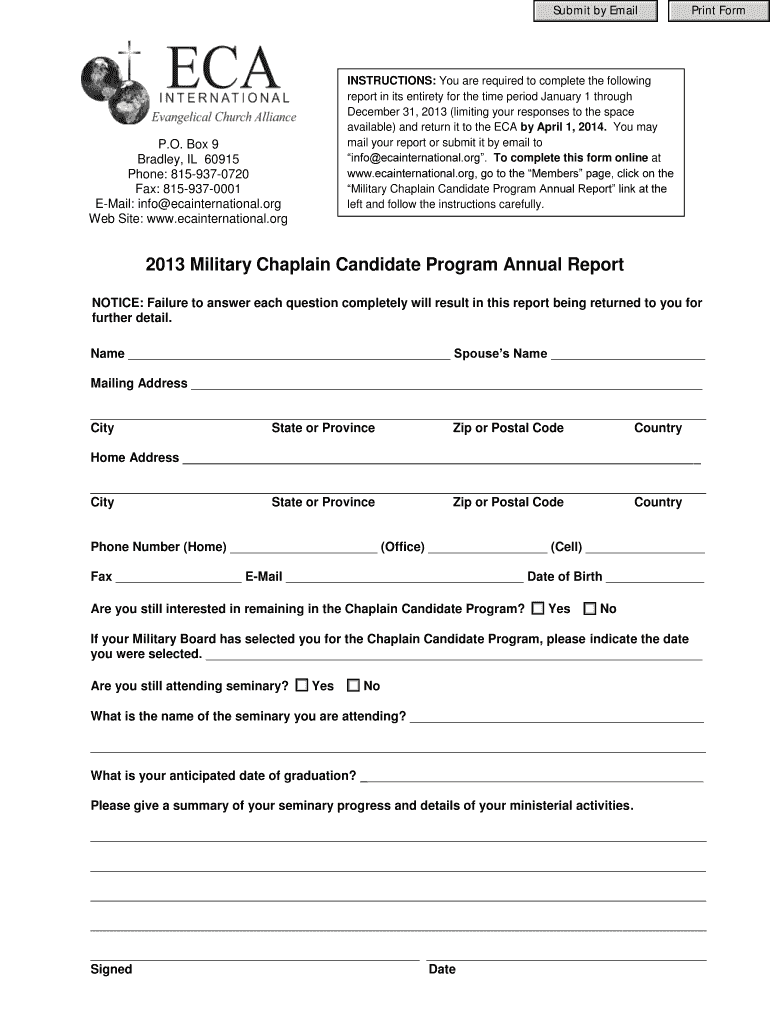 Fillable Online 2013 Military Chaplain Candidate Program Annual Report ...