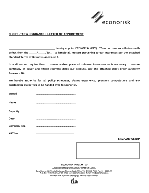 Fillable Online SHORT TERM INSURANCE : LETTER OF APPOINTMENT Fax Email ...