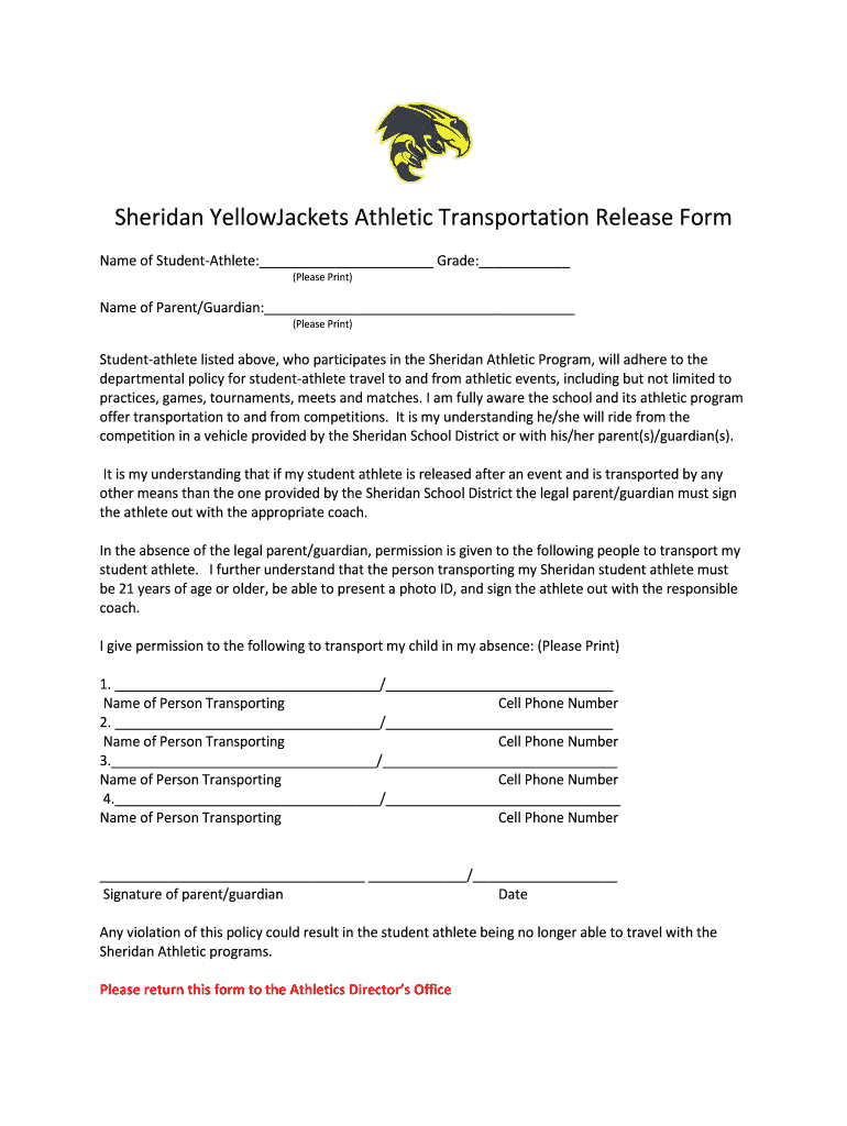 Fillable Online Sheridan YellowJackets Athletic Transportation Release ...