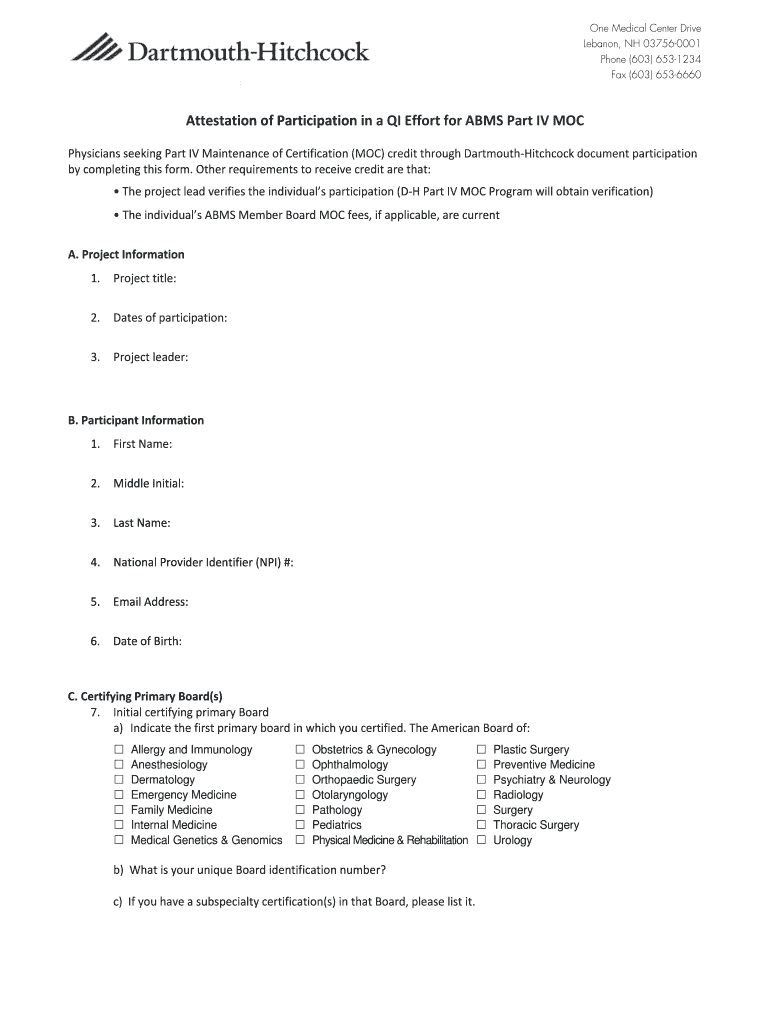 Fillable Online med dartmouth-hitchcock Attestation of Participation in ...