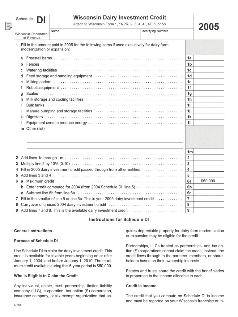 Fillable Online revenue wi 2005 Schedule DI - Wisconsin Dairy ...