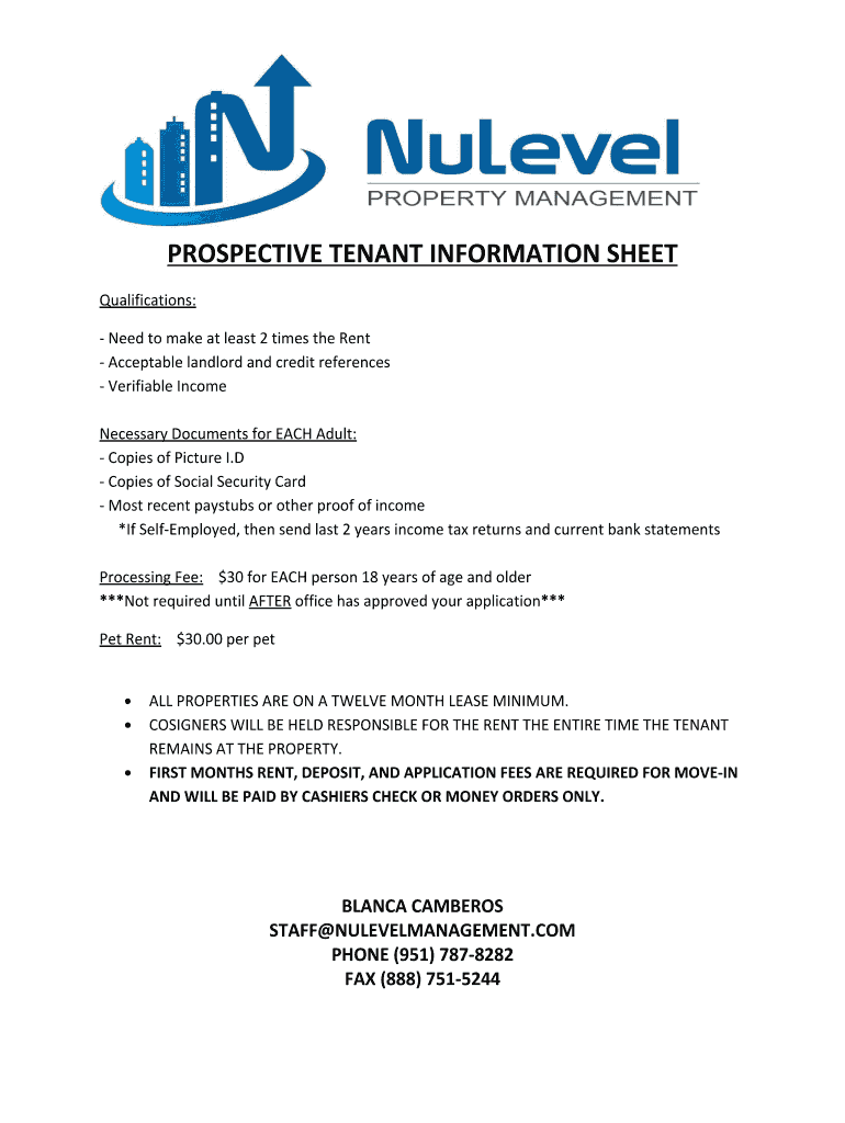 Fillable Online PROSPECTIVE TENANT INFORMATION SHEET Fax Email Print ...