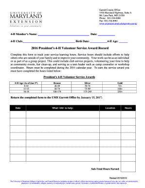 Fillable Online extension umd 2016 President s 4-H Volunteer Service Award Record Fax Email ...