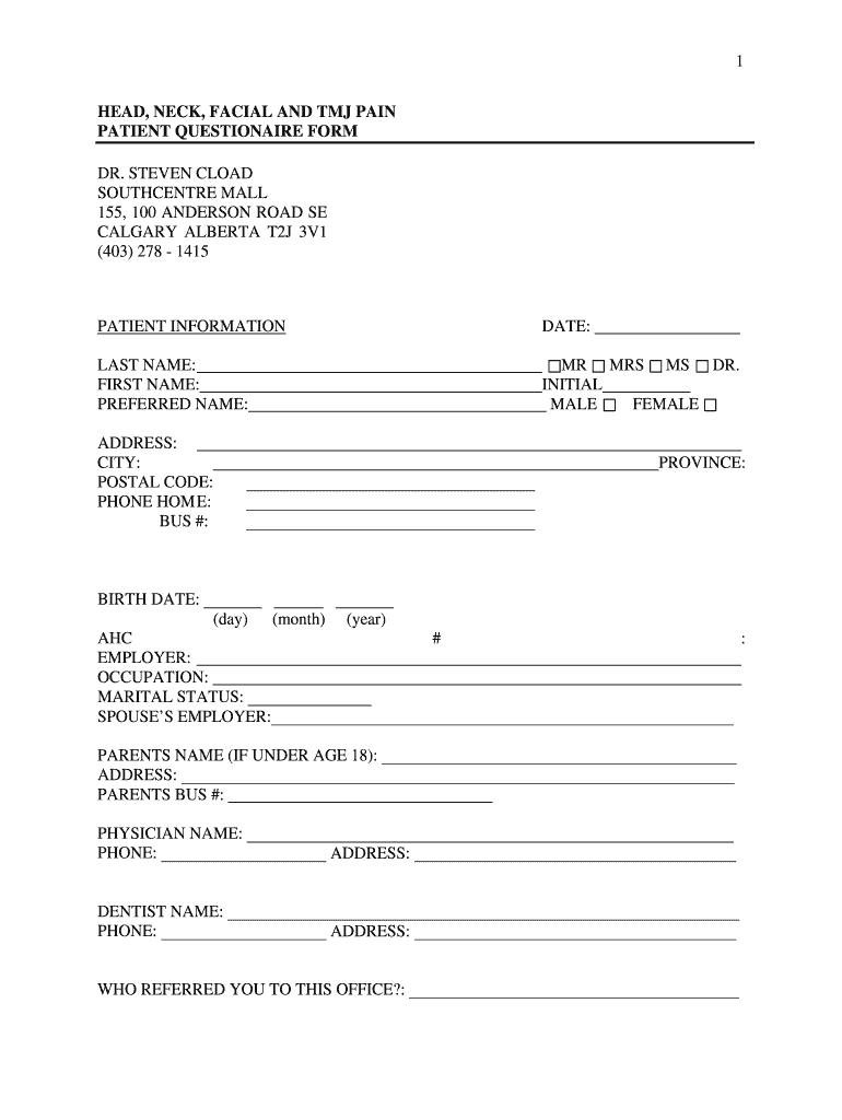 Fillable Online drcload HEAD, NECK, FACIAL AND TMJ PAIN PATIENT ...