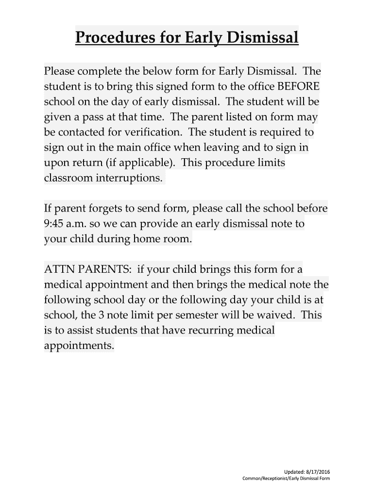 Fillable Online Procedures for Early Dismissal Fax Email Print - pdfFiller