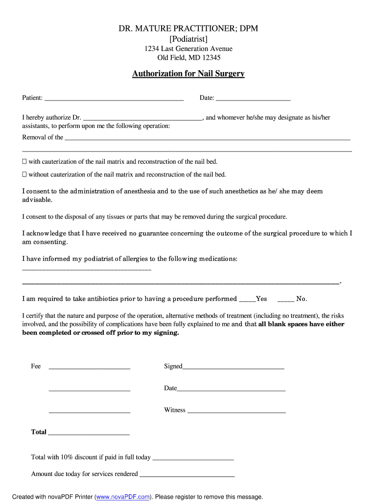 Fillable Online Authorization for Nail Surgery Fax Email Print - pdfFiller