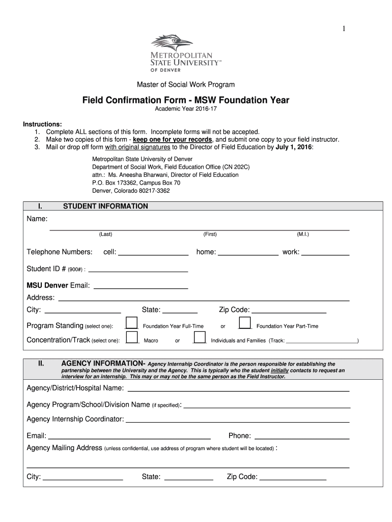 Fillable Online Field Confirmation Form - MSW Foundation Year Fax Email ...