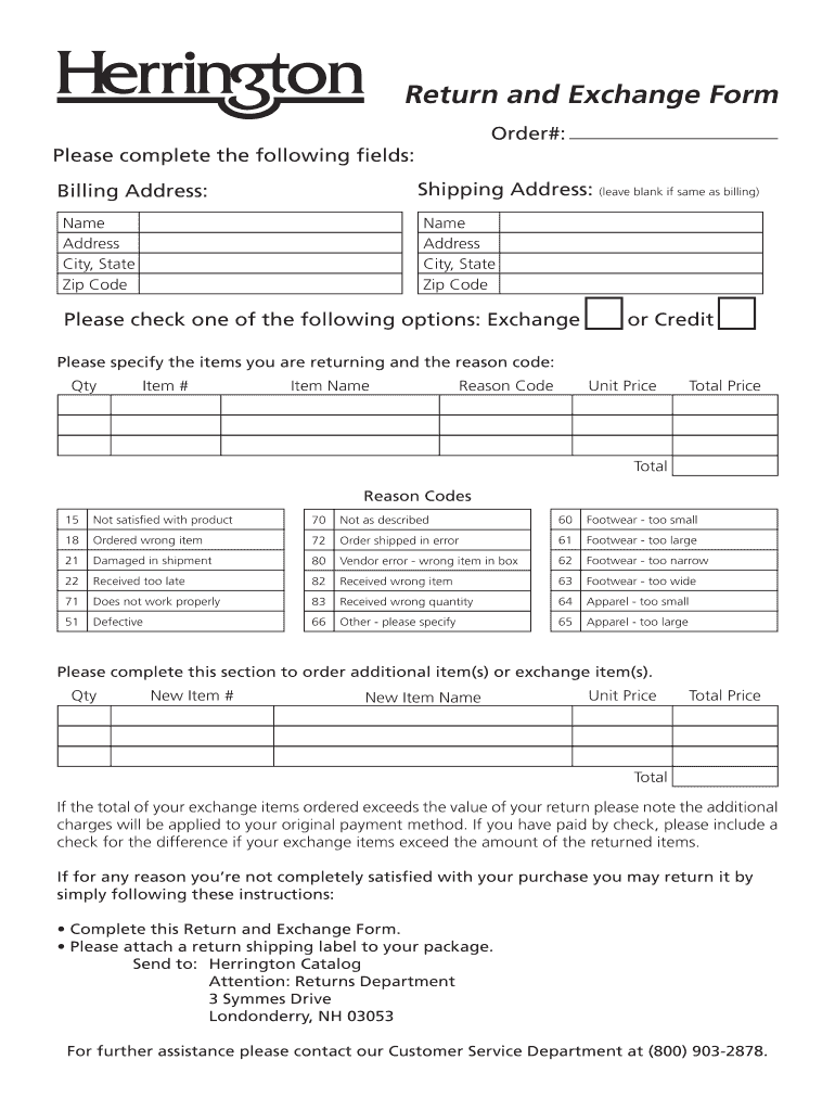 Fillable Online Return and Exchange Form - herringtoncatalog.com Fax ...