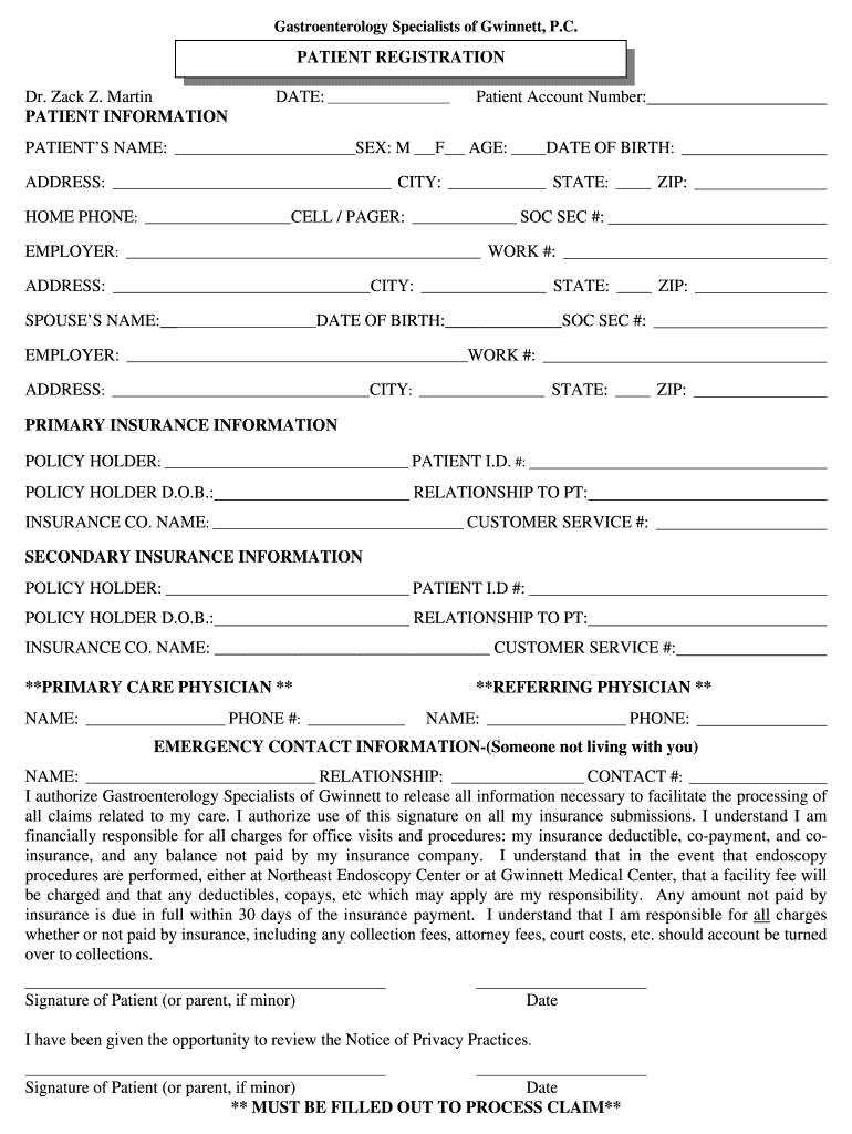 Fillable Online PATIENT REGISTRATION - gastrogwinnett.com Fax Email ...