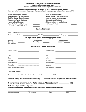 Fillable Online dartmouth Dartmouth College -Supplier Classification ...