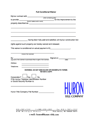 Fillable Online Full Conditional Waiver - Huron Title Fax Email Print ...