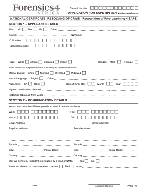 Fillable Online APPLICATION FOR SAPS RPL NATIONAL CERTIFICATE: RESOLVING ... Fax Email Print ...
