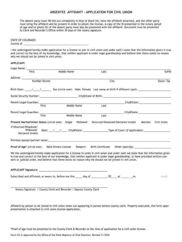 Fillable Online larimer absentee affidavit application for civil union - Larimer County ...