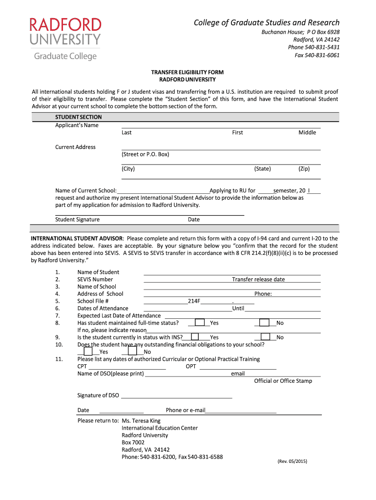 Fillable Online radford College of Graduate Studies and Research - Radford University Fax Email ...