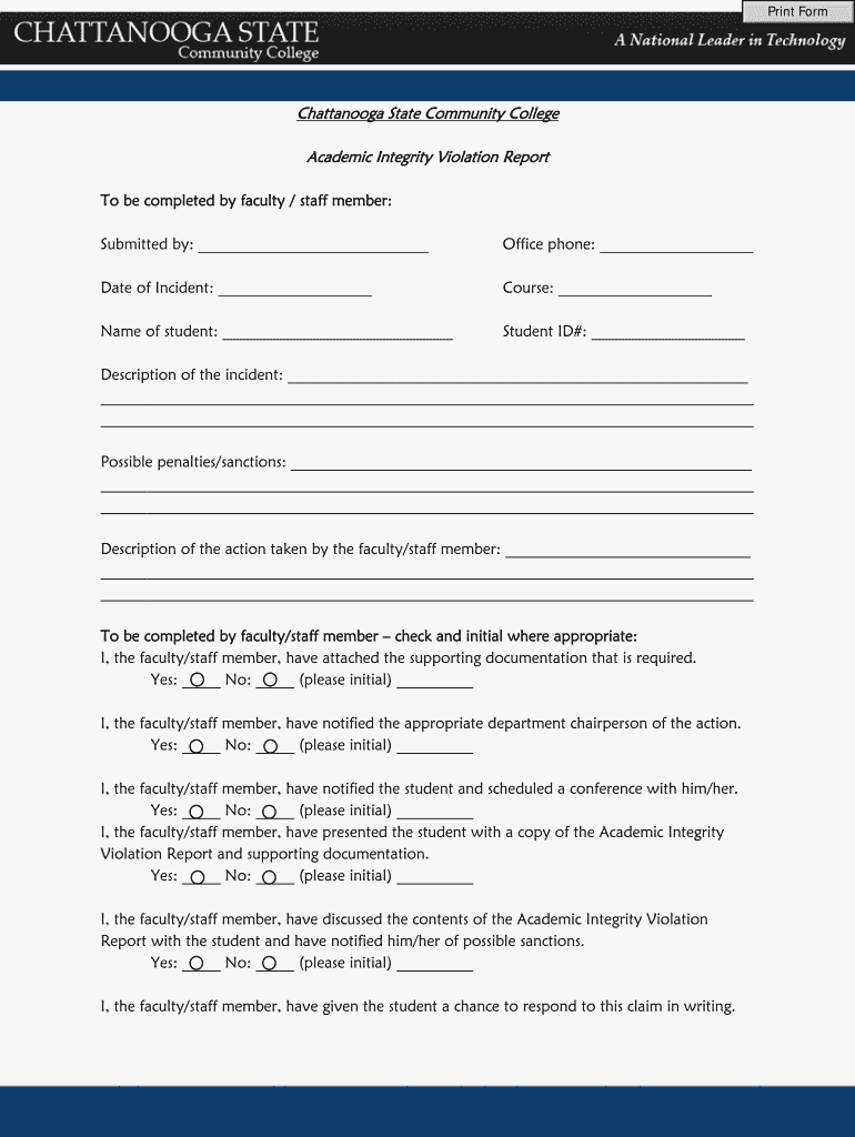 Fillable Online chattanoogastate Academic Integrity Violation. Academic ...