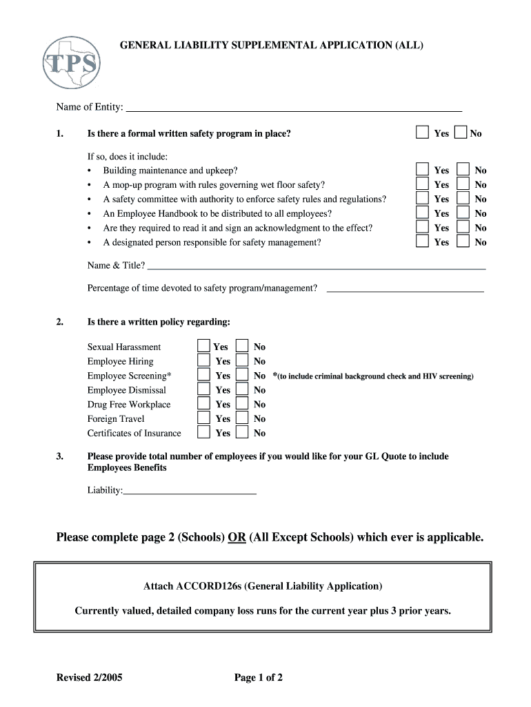 Fillable Online riskpro GL Supplemental 2-4-05 Fax Email Print - pdfFiller