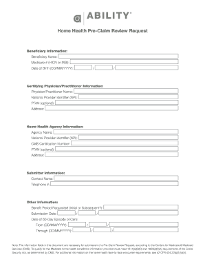 Fillable Online Home Health Pre-Claim Review Request - ABILITY Network ...