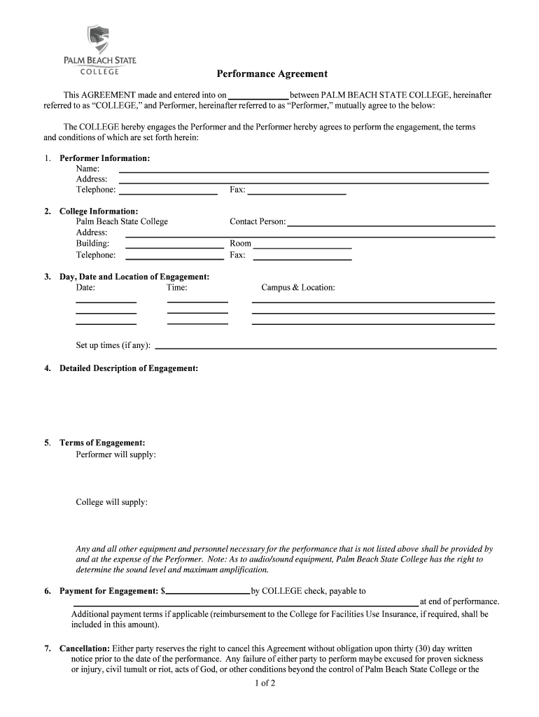 Fillable Online palmbeachstate Artist/Performance Agreement Fax Email Print - pdfFiller