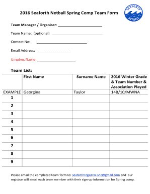 Fillable Online 2016 Seaforth Netball Spring Comp Team Form Fax Email ...