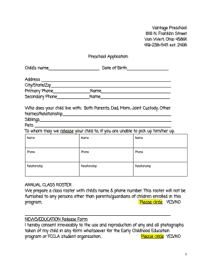 Fillable Online Preschool Application - vantagecareercenter.com Fax Email Print - pdfFiller
