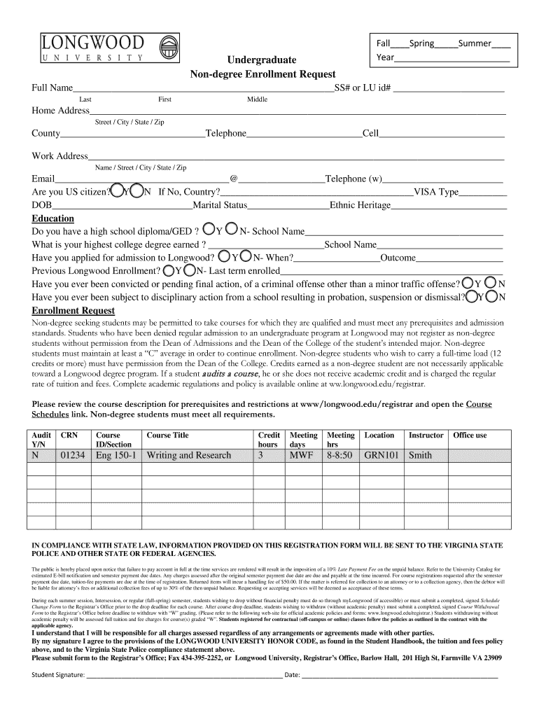 Fillable Online longwood Non-degree Enrollment Request Fax Email Print ...