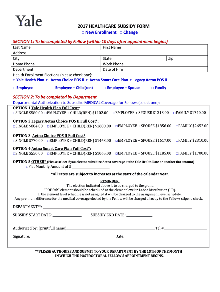 Fillable Online enroll16 itsyouryale yale 2017 HEALTHCARE SUBSIDY FORM Fax Email Print - pdfFiller
