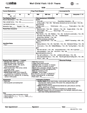 Fillable Online Well Child Visit: 15-21 Years Fax Email Print - pdfFiller