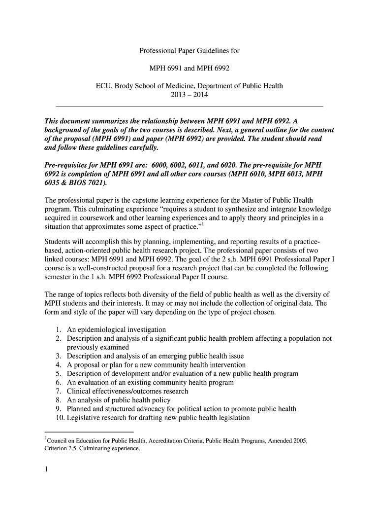 Fillable Online ecu 1 Professional Paper Guidelines for MPH 6991 and MPH 6992 ECU ... Fax Email ...