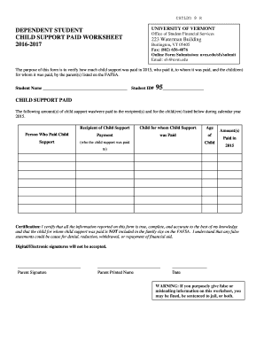 Fillable Online uvm dependent student child support paid worksheet 2016 ...